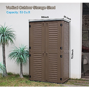 KINYING Outdoor Storage Shed Waterproof, Resin Vertical Outdoor Storage Cabinet for Patio Furniture, Garden Tools, Pool Accessories, Mower Storage (66 Cu.ft, Dark Brown)