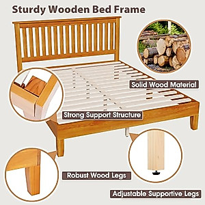 PayLessHere Wood Platform Bed Frame Solid Wood Foundation/Wood Slats Support/No Box Spring Needed/Easy Assembly,Brown (with Headboard, Queen)