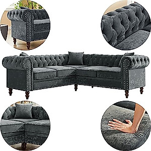 LSKTGA Velvet Convertible Sectional Sofa, Classic Chesterfield L-Shaped Sofa, with Deep Button Tufted Upholstered Roll Arm, 3 Pillows Included, Solid Wood Gourd Legs, Grey