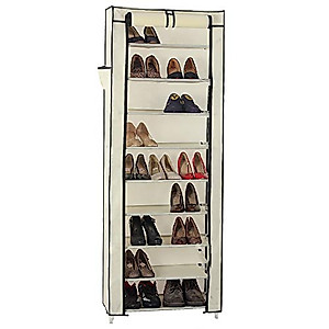 SONGMICS 10-Tier Shoe Tower Rack with Cover 27-Pair Space Saving Shoe Storage Organizer Beige URXJ10M