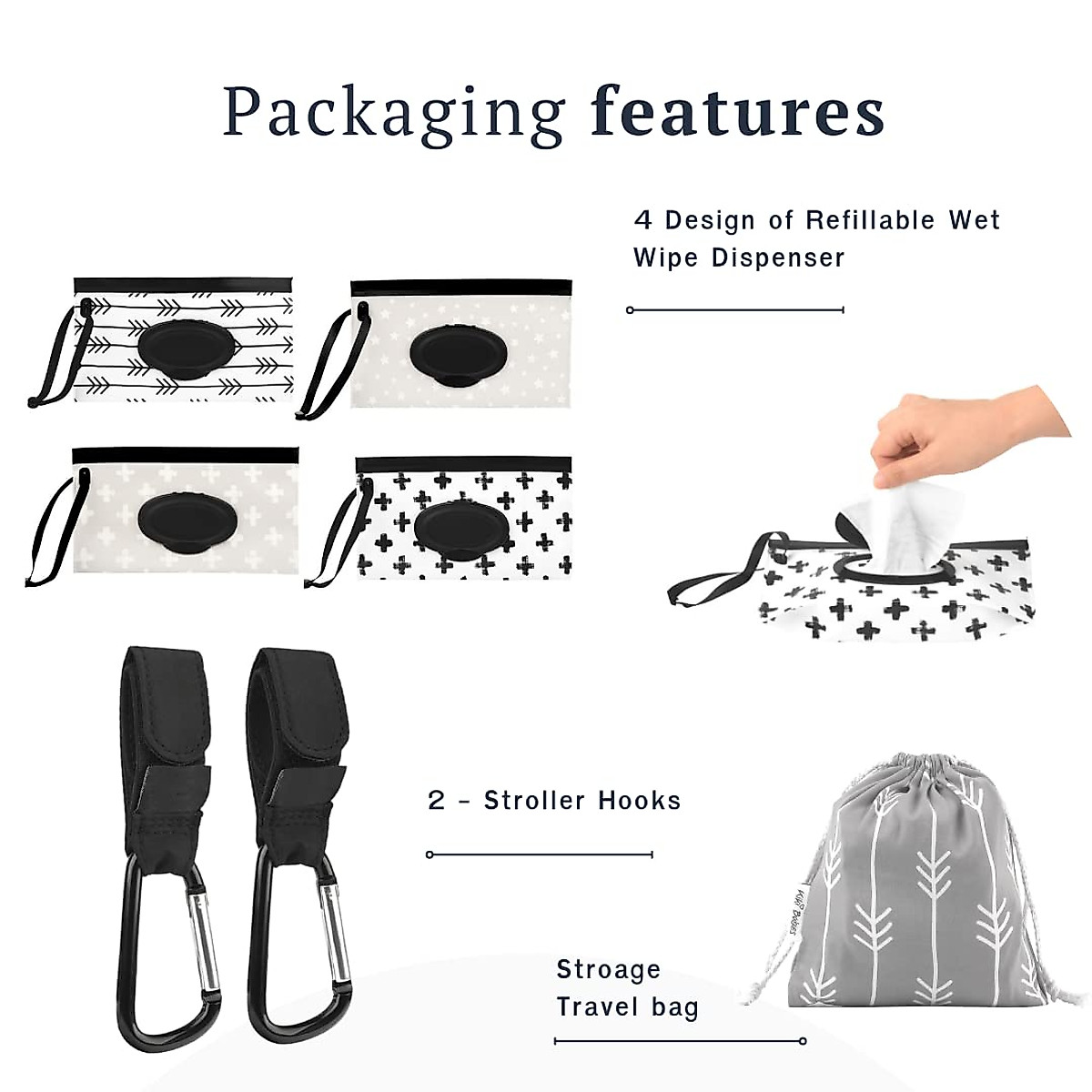 Kiki Babies Portable Wipes container & baby wipes holder 4 -Pc set: Convenient Reusable Wipes Pouch & Travel Wipes Case for On-the-Go Care Refillable Dispenser Includes 2 Stroller Hooks & Bag Gift set