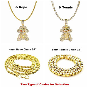 FW Jewelry Mens Hip Hop Iced Out Chain Necklaces Silver Gold Pendant Chains for Boys 22 Inch (Gold Monkey, Rope Chain)