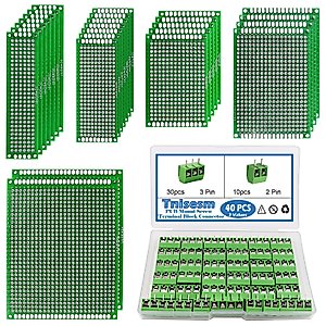Tnisesm 72Pcs 5 Vaules Double Sided PCB Board Prototype Kits,40Pcs 2 Pin & 3 Pin 5mm/0.2inch Pitch PCB Mount Screw Terminal Block Connector