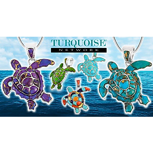 Turtle Pendant Necklace 925 Sterling Silver Genuine Gemstones (Teal/Matrix Turquoise)