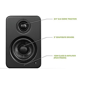 Kanto YU2MB PC Gaming Desktop Speakers | 3" Composite Drivers | 3/4" Silk Dome Tweeter | Class D Amplifier | 100 Watts | Built-in USB DAC | Subwoofer Output | Pair | Matte Black