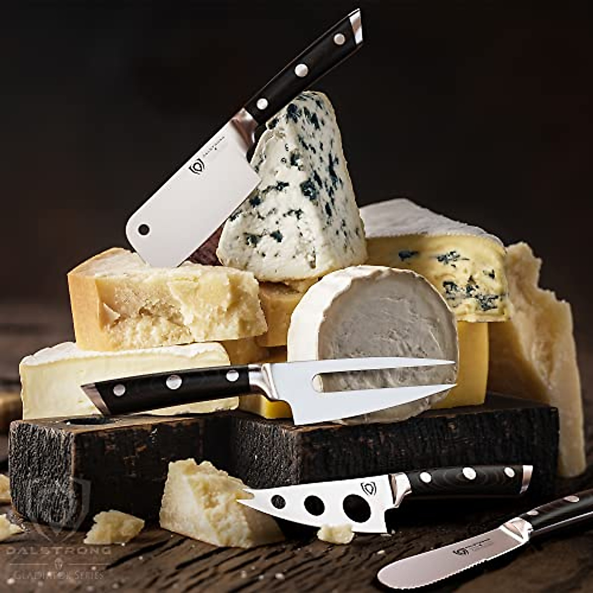 Dalstrong Charcuterie & Cheese Knife Set - 4-Piece - Gladiator Series Elite - Mini Cleaver, Serrated, Round-Tip, Forked Cheese Knives, G10 Garolite Handle, Sheath, NSF Certified