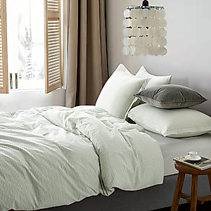 Get Bed Ready Stonewashed 100% Cotton Pinstripe Chambray Duvet Cover Relaxed Minimal Scandinavian Style Bedding Set Yarn Dyed Washed Cotton Natural Classic Striped Pattern Medium (Super King, Sage)