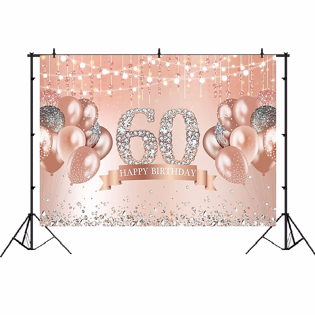 Pink Rose Gold Happy 60th Birthday Party Backdrop Glitter Diamonds and Balloons Lights Birthday Background Sixty Years Old Age Women Birthday Party Decorations Cake Table Supplies 7x5ft