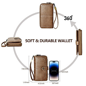TFKGS Wallet for Women RFID Blocking Leather Large Capacity Card Holder Ladies Phone Clutch Travel Long Purse Wristlet Brown