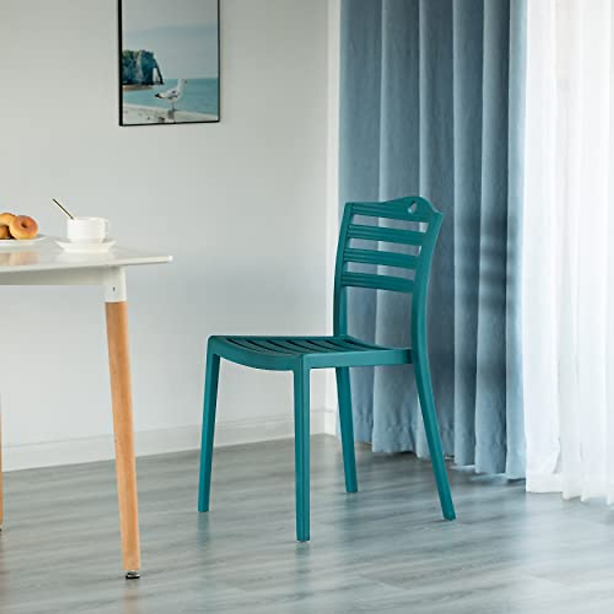 Fabulaxe Stackable Modern Plastic Indoor and Outdoor Dining Chair with Ladderback Design for All Weather Use, Blue Set of 4