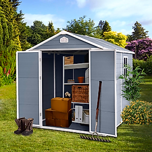 GLANZEND 8x6FT Resin Outdoor Storage Shed with Floor Foundation, Outside Garden Tool House with Side Window and Air Vent, Plastic Strong Structure for Patio Lawn, Garbage Chamber