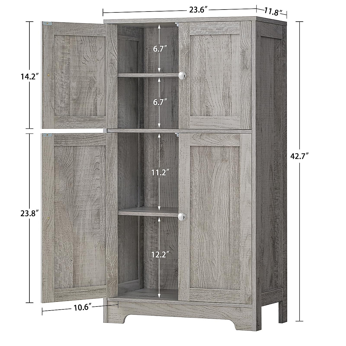 Iwell Storage Cabinet, Bathroom Cabinet with 4 Doors & 2 Adjustable Shelves, 6 Adjustable Heights, Cupboard for Living Room, Entryway, Home Office, Grey