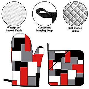 Red Black Grey White Oven Mitts and Pot Holders Sets of 4 Geometric Oven Gloves for Kitchen Baking Cooking Grilling (Red)