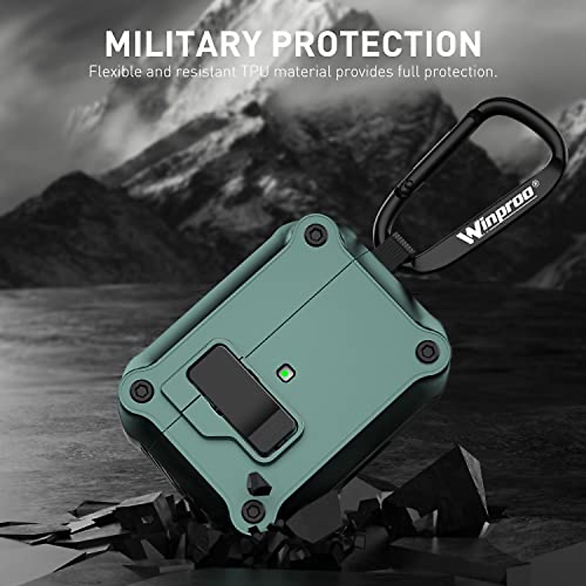 Winproo Armor Airpods Pro Case Cover with Lock Clip, Military Hard Shell Full-Body Shockproof Protective Case Skin with Keychain for Airpods Pro [Green]