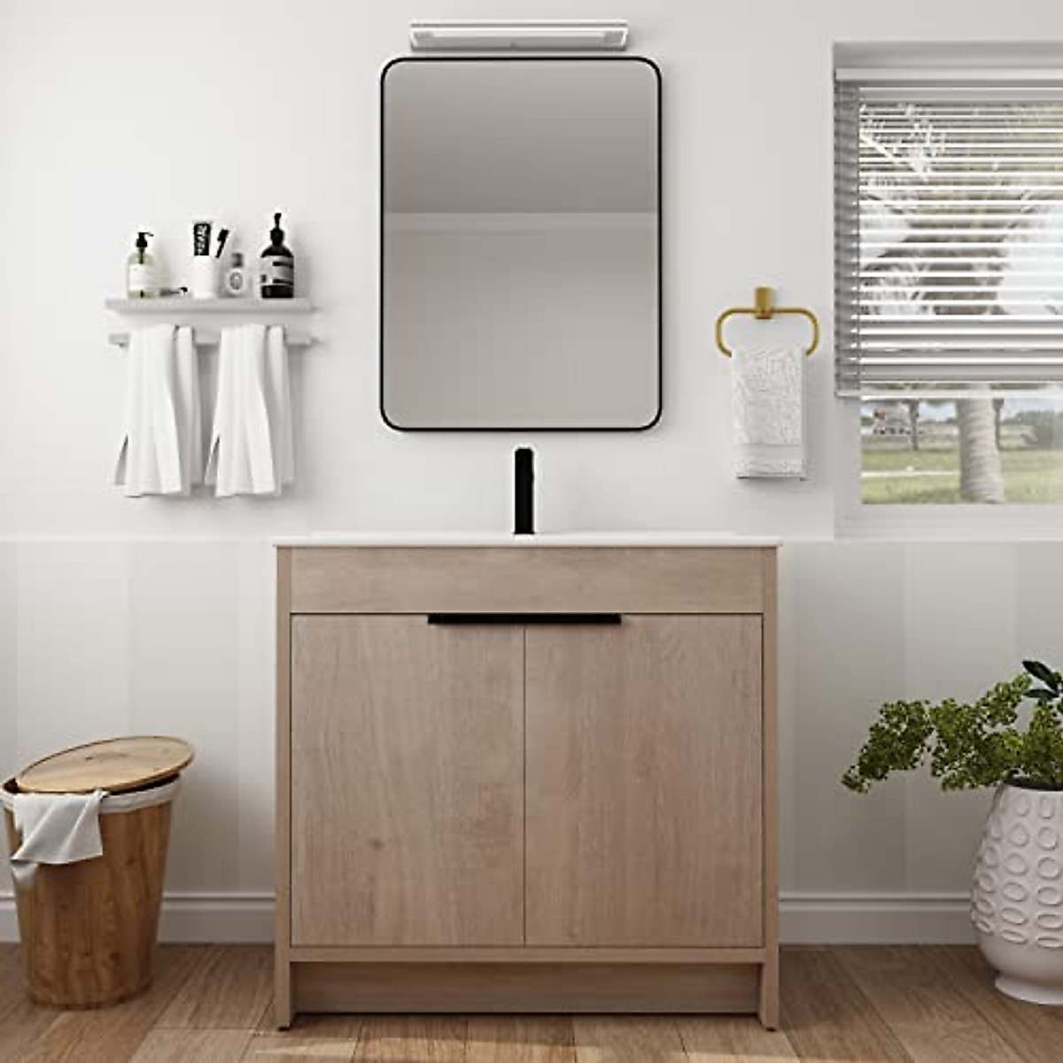 Sybrioka Freestanding Bathroom Vanity with Sink Set, 36" Modern Bathroom Storage Cabinet Vanity with White Ceramic Sink, Large Bath Cabinet with Wood Door and Inset Basin (Oak, 36inch)
