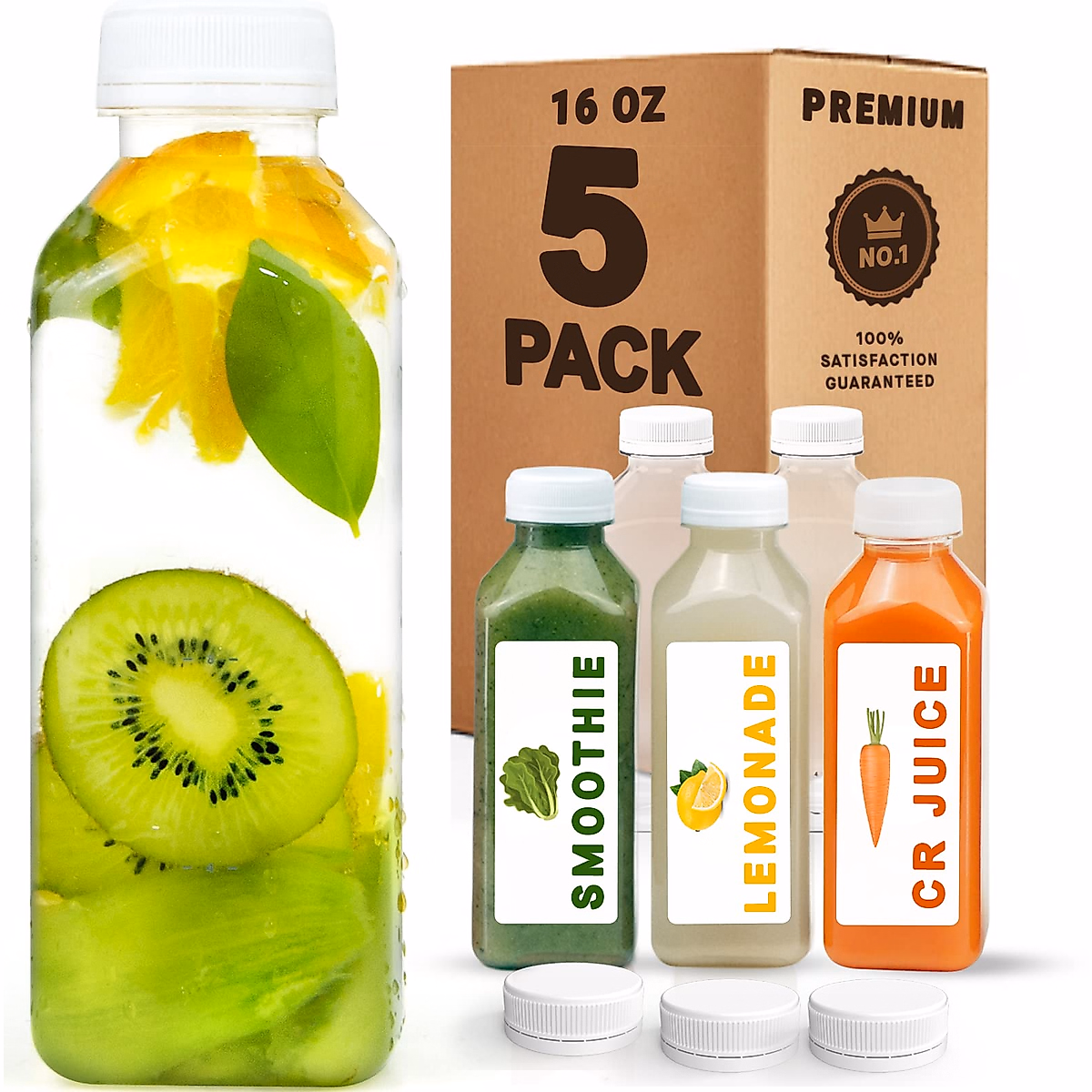 Norcalway 16 Oz Empty Plastic Juice Bottles With Caps - Reusable Juice Bottles With Lids, Smoothie Plastic Bottle, Drink Containers Bottles, Clear Juicing Bottles, 5 Pack