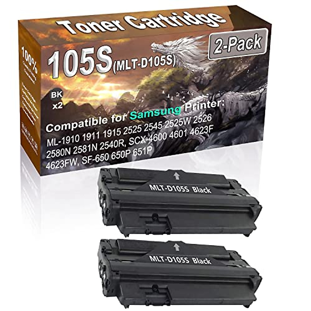2-Pack (Black) Compatible High Yield 105S MLT-D105S Printer Toner Cartridge use for Samsung ML-1910 1911 1915 2525 2545 2525W 2526 2580N 2581N 2540R Printers