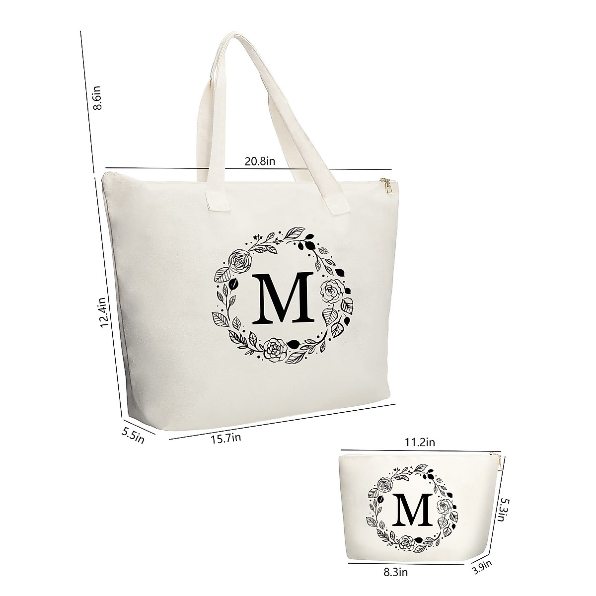 Binggemen Personalized Initial Canvas Tote Bag with Zipper, Present Bag with Inner Pocket & Make Up Bag, Great Gifts for Women, Mom, Teachers, Friends, Bridesmaids