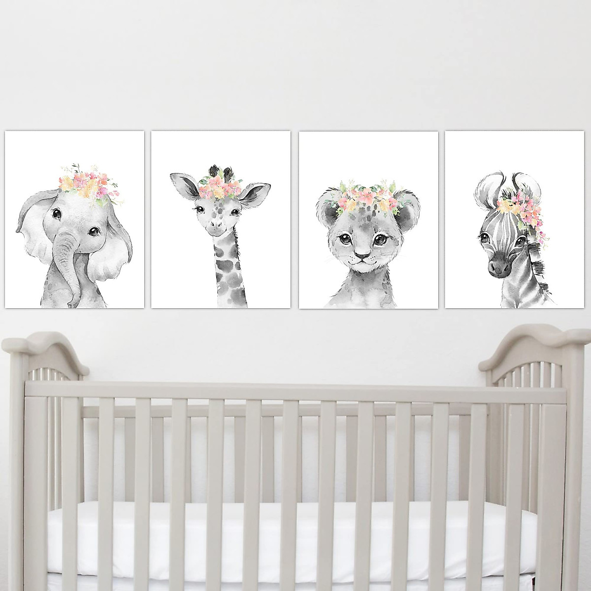 Baby Girl Nursery Wall Art Pink Floral Safari Animals Elephant Giraffe Lion Zebra Room Decor 4 UNFRAMED PRINTS