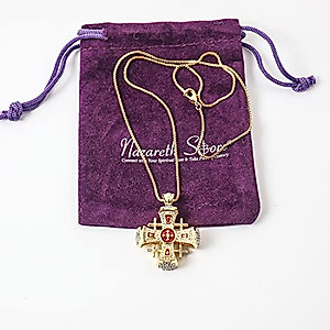 Nazareth Store Crusaders Jerusalem Cross Pendant Necklace Gold Plating 18k Enamel Crystallized Stones 1.3" (Red)