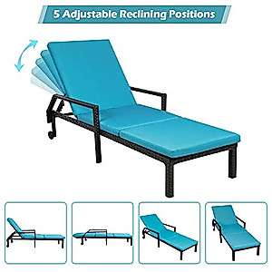 YODOLLA Outdoor Rattan Chaise Lounge Chair with Adjustable Backrest, Wicker Reclining Lounge Chair w/Removable Cushion and Wheels for Beach, Patio, Garden, Porch, Poolside, Backyard, Balcony, Blue