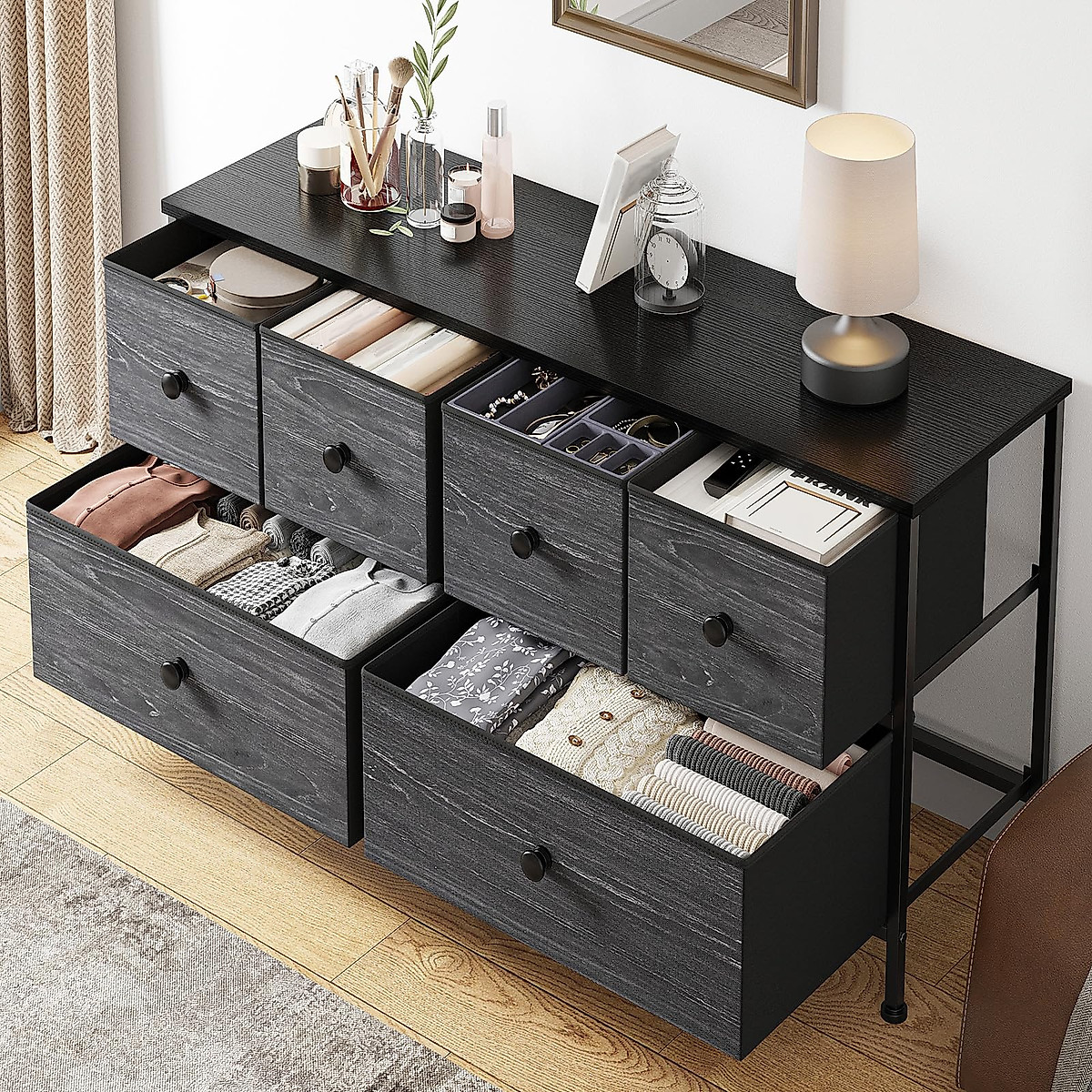 EnHomee Dresser for Bedroom with 6 Drawers, Wide Dressers & Chests of Drawers, Fabric Dresser, TV Stand for Bedroom, Closet, Hallway, Black Wood Grain Print