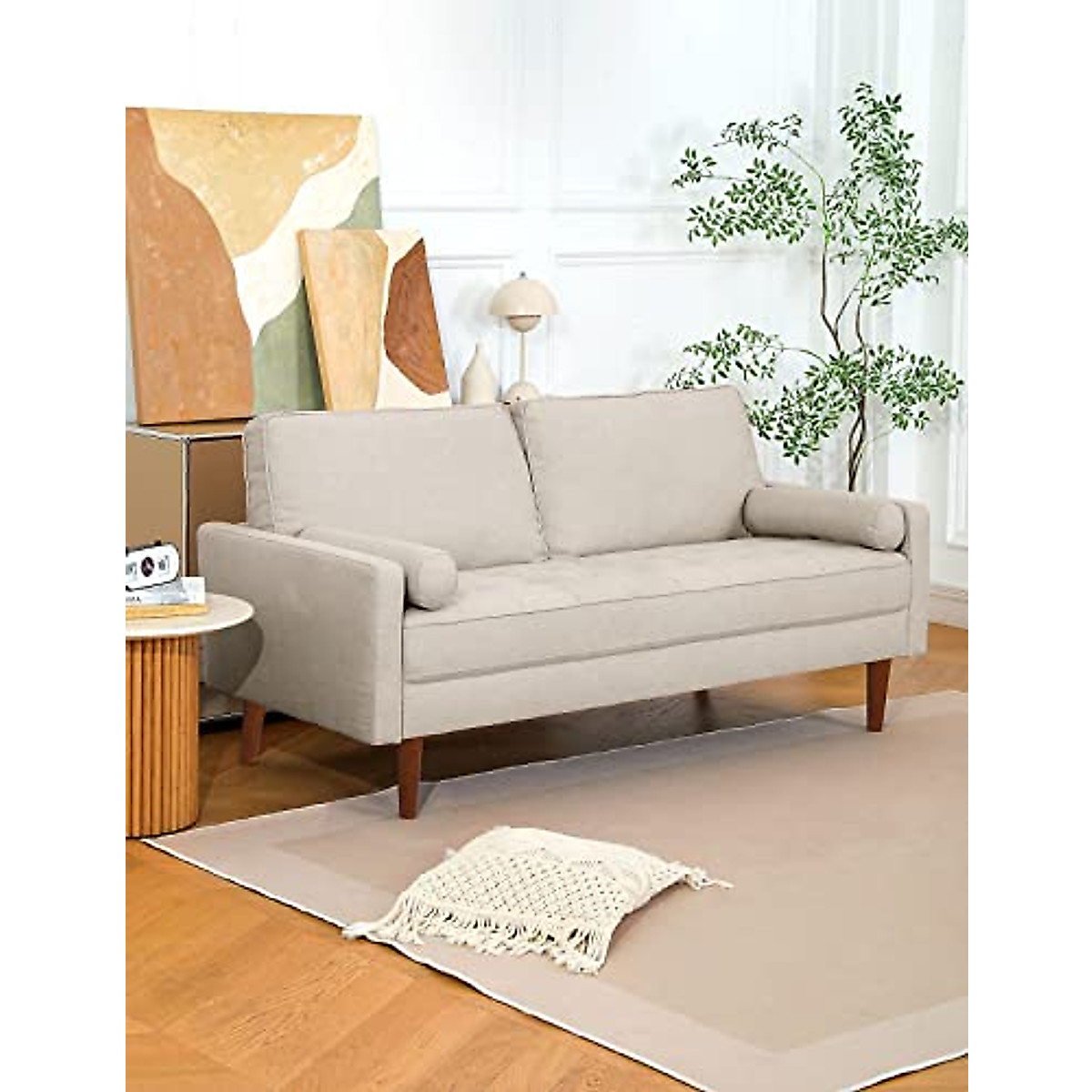 Koorlian Small Sofa Couch, 2 Seater Fabric Loveseat, Mid Century Modern Couches for Living Room, Button Tufted Seat Cushion, Square Armrest, 2 Throw Pillows, Fit for Small Spaces, Dorm, Apart, Beige