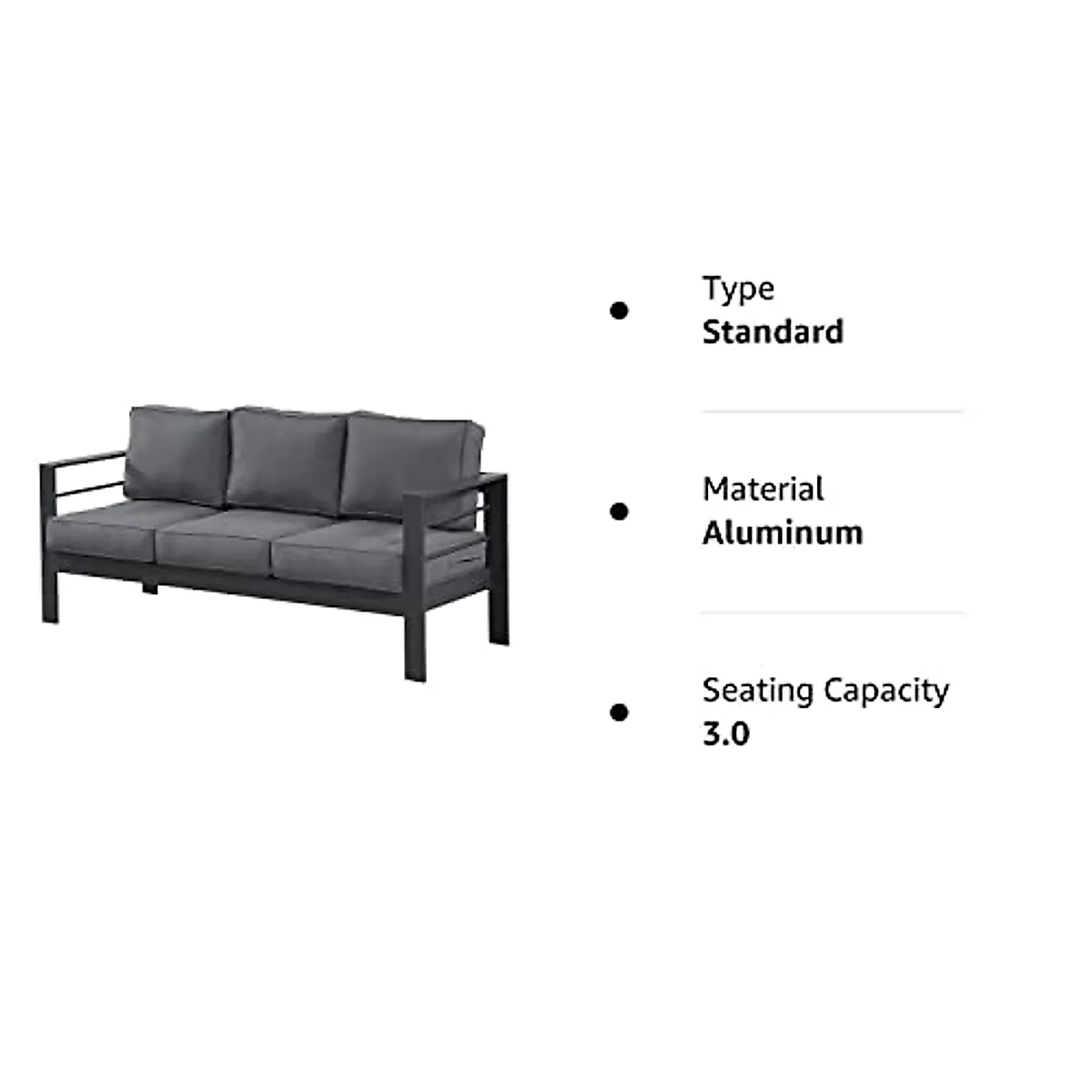 Wisteria Lane Patio Furniture Aluminum Sofa, All-Weather Outdoor 3 Seats Couch, Gray Metal Chair with Dark Grey Cushions