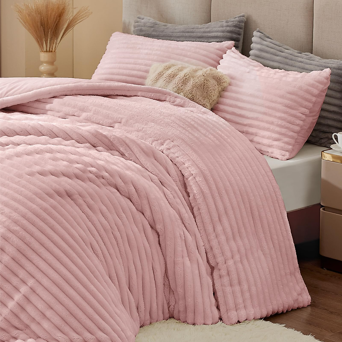 BEDELITE Fleece Twin Comforter Set -Super Soft & Warm Fluffy Pink Bedding, Luxury Fuzzy Heavy Bed Set for Winter with 1 Pillow case
