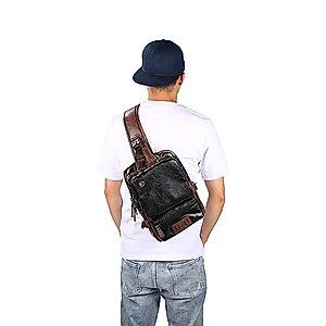 Men's Sling Bag, Crossbody PU Leather Shoulder Backpack with USB Charging Port, Vintage Chest Bag for Men(Black)