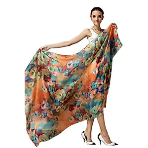 YupURStyle Women Fashion Silk Scarf Oblong Floral Oversize Soft Shawl Beach Wrap (Orange)