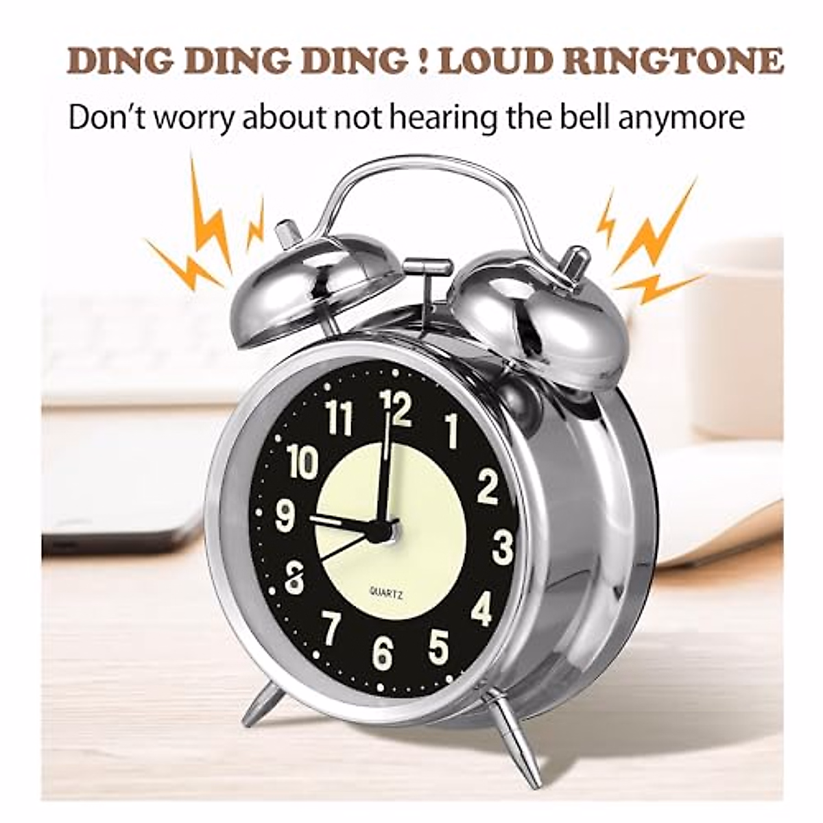 KAMEISHI Loud Alarm Clock for Heavy Sleepers Adults, Retro 4.5 Inches Twin Bell Battery Operated Analog Kids Desk Clocks for Bedrooms Bedside (Noctilucent Black)