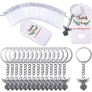 Hicarer 30 Set Angel Keychain Gift Bulk Thank You Gift Baptism Pendant Keychain Favor Key Ring with Thank You Tag Organza Bag for Baby Shower Baptism Party