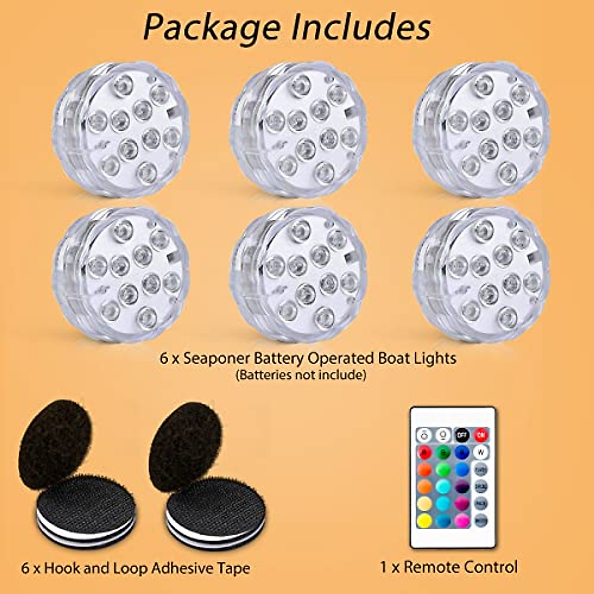 Seaponer Boat Lights Wireless Battery Operated, Waterproof Marine Led Light for Deck Light Courtesy Interior Lights, for Fishing Kayak Duck Jon Bass Boat, RGB Multi Color Remote Controlled, 6pcs