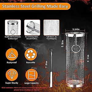 Rolling Grilling Baskets for Outdoor Grilling - Perfect BBQ Net for Veggies,Fries,Fish,Meats - 2PCS Cylindrical Stainless Steel Grilling Mesh for Outdoor BBQ Cooking/Camping/Picnic(8.2 Inch-High)
