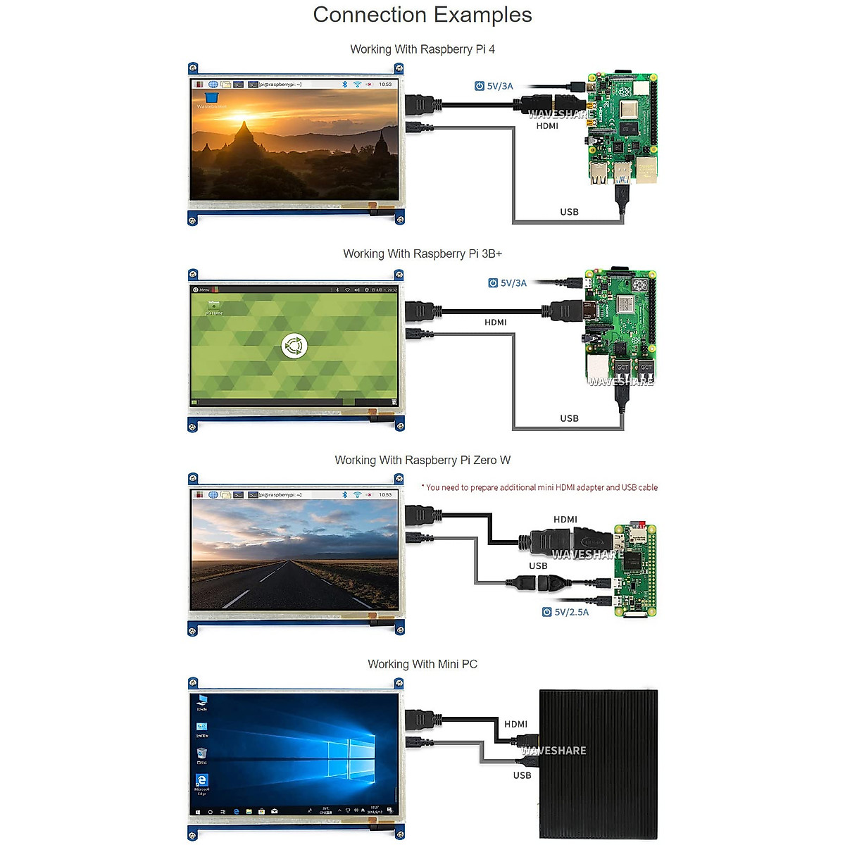 waveshare 7inch Capacitive Touch Screen LCD Compatible with Raspberry Pi 4B/3B+/3A+/2B/B+/A+/Zero/Zero W/WH/Zero 2W CM3+/4 800×480 Resolution HDMI Low Power Consumption Supports Windows