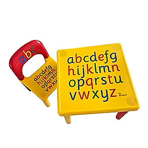 PZCXBFH Kids Table and Chair Set (1 Chairs Included) Toddler Alphabetic Learning Activity Desk, Multicolor Children Letter Table Chair Set, Yellow & Red
