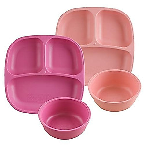 Re-Play Made in USA 4pk Starter Dining Set of 2 Divided Plates with 2 Matching Bowls in Bright Pink and Blush - Made from Environmentally Friendly Heavyweight Recycled Milk Jugs