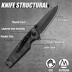 Carimee Pocket Knife 3.3", Solid D2 Steel Blade, Heavy Thick FineCNC machianed Handle, Fully Ti-coated,premium EDC Gifts