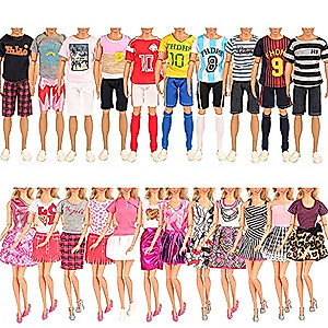 Miunana Lot 34 pcs Random Doll Clothes Shoes Set for 11.5 inch Doll, Includ 10 PCS Boy Doll Clothes + 5 Girl Clothes + 5 Girl Fashion Skirts + 4 Pairs for Boy Shoes + 10 Pairs of Girl Doll Shoes