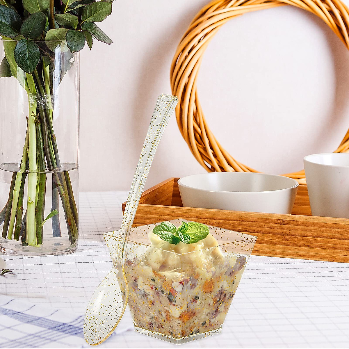 Tongcloud 25 Set Mini Plastic Dessert Cups with Spoons Gold Glitter Square Small Dessert Cups Disposable Gold Glitter Plastic Bowls with Mini Spoons Great for Party Desserts Appetizers