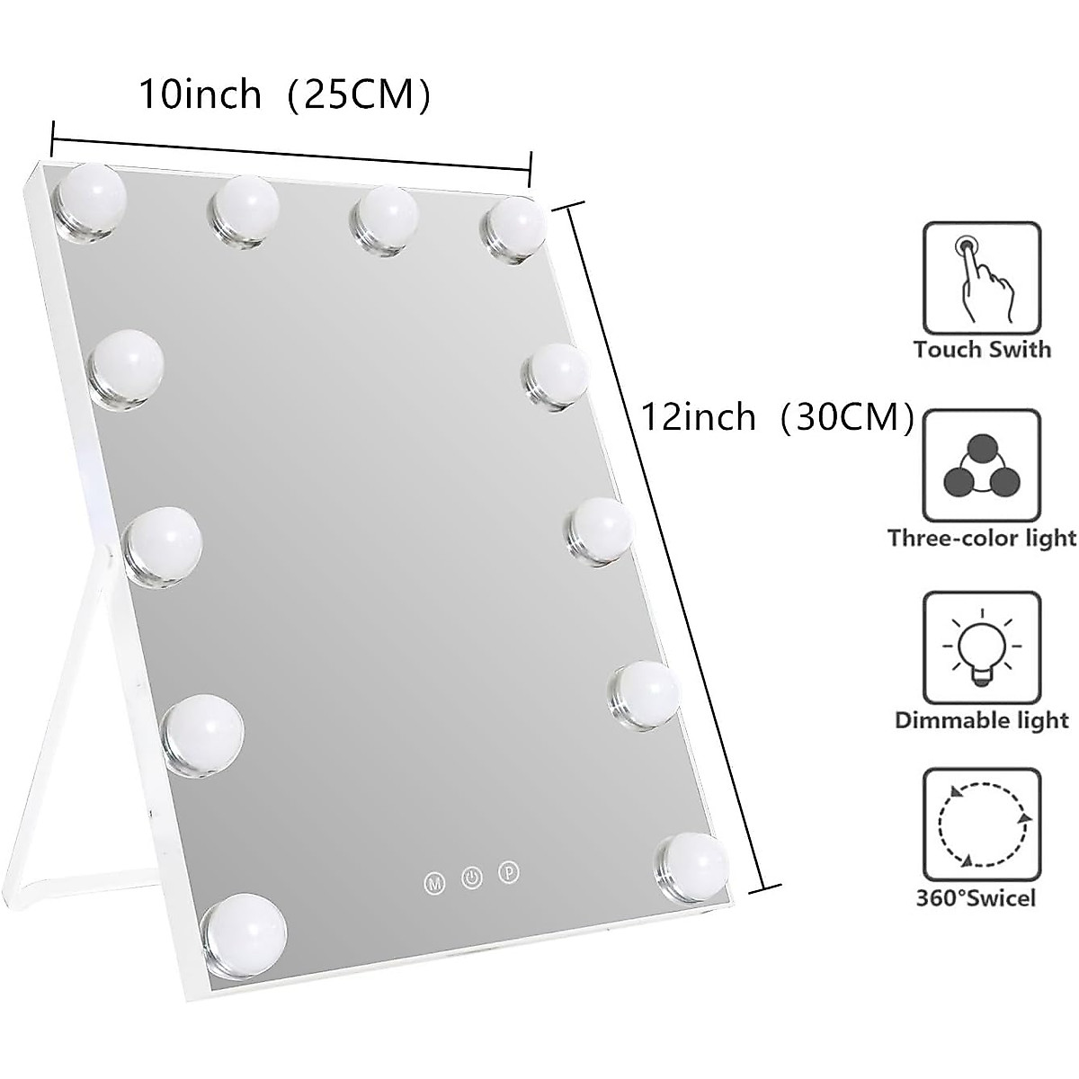 Despful 10"x 12" Vanity Mirror with Lights, Hollywood Lighted Makeup Mirror with 3 Color Modes and 12 Dimmable Diamond LED Light Bulbs, Touch Control for Bedroom, White