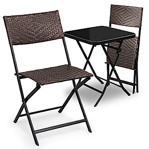 MoNiBloom 3 Piece Patio Bistro Dining Furniture Set, 2 Foldable Chairs and Round Table w/Tempered Glass Tabletop for Lawn Garden Backyard