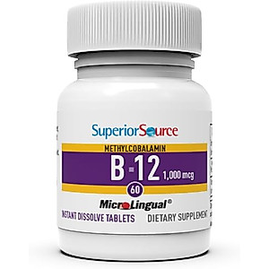 Superior Source No Shot Vitamin B12 Methylcobalamin 1000 mcg, Quick Dissolve MicroLingual Tablets, 60 Count, Active Form of B12, Supports Energy Production, Nervous System Support, Non-GMO