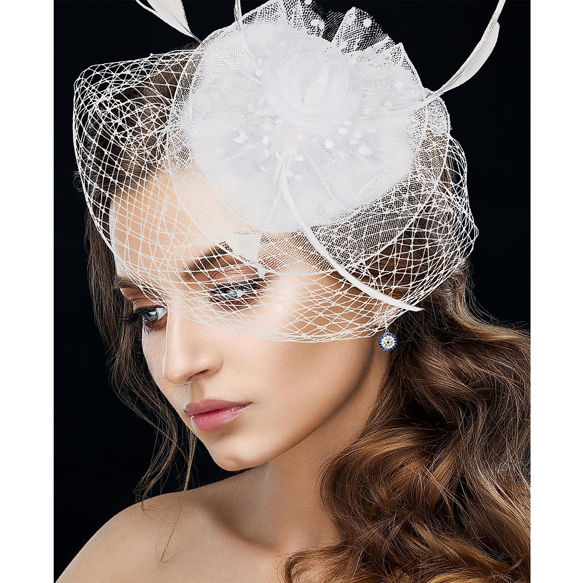 Kidukso Mesh Veil Hats Headbands Bridal Fascinators Hats with Headband and Clip Women Lady Kentucky Derby Cap Wedding Tea Party, White