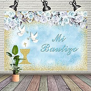 7x5ft Mi Bautizo Backdrop for Boy Baptism Gold Bless Background Blue Flower Golden Dots Photography Baby Shower Banner Party Decorations Floral Newborn Baby Shower Photo Booth Props