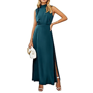 PRETTYGARDEN Women's Long Formal Satin Dress Mock Neck Sleeveless Side Slit Flowy Maxi Tank Dresses (Dark Blue,Medium)