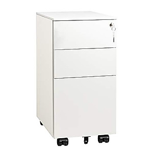 DEVAISE Slim File Cabinet with Lock, 3 Drawer Mobile Filing Cabinet for Legal/Letter/A4 Size, Fully Assembled Except Wheels, White