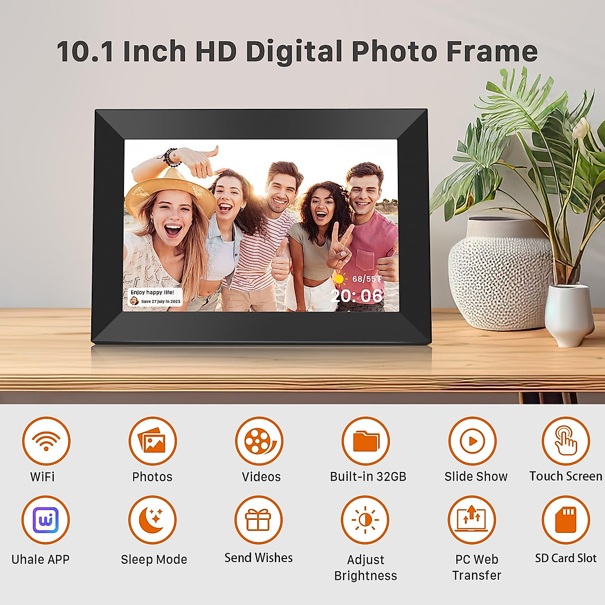 FANGOR 10.1 Inch WiFi Digital Picture Frame 1280x800 HD IPS Touch Screen, Electronic Smart Photo Frame with 32GB Storage, Auto-Rotate, Instantly Share Photos/Videos via Uhale App from Anywhere