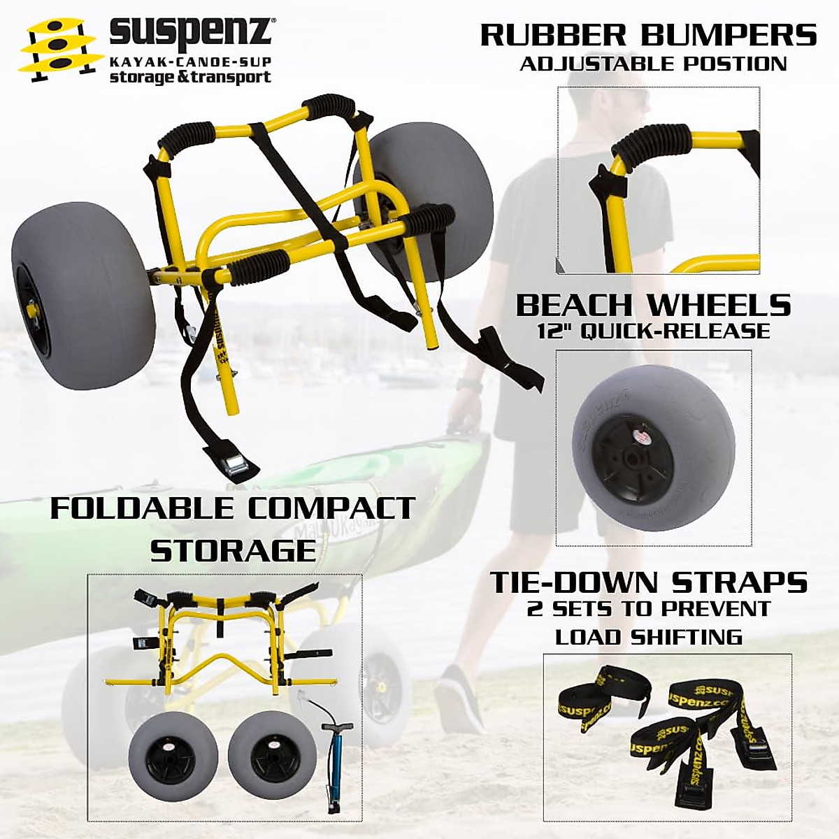 Suspenz Kayak Beach Cart Trailer, DLX Canoe Trolley with Balloon Wheels Sand Tires and Straps, Yellow, Flat Platform, 22-7044